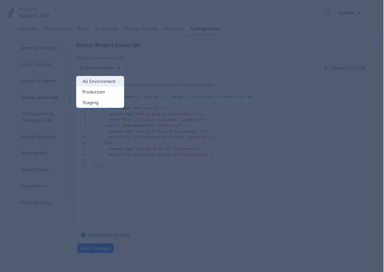 How to Use Environment-Specific Global JavaScript in Convert