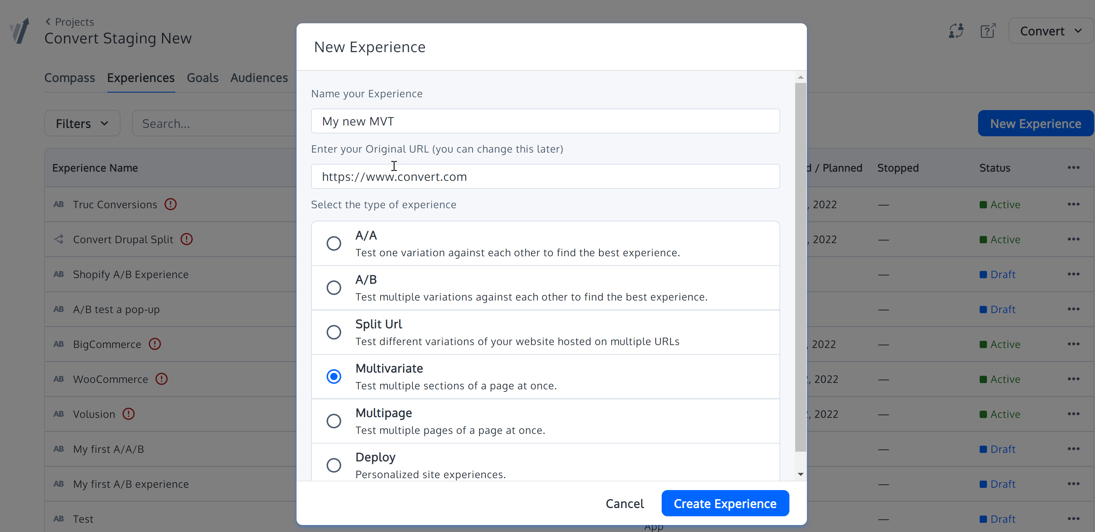 Creating a Multivariate Experiment