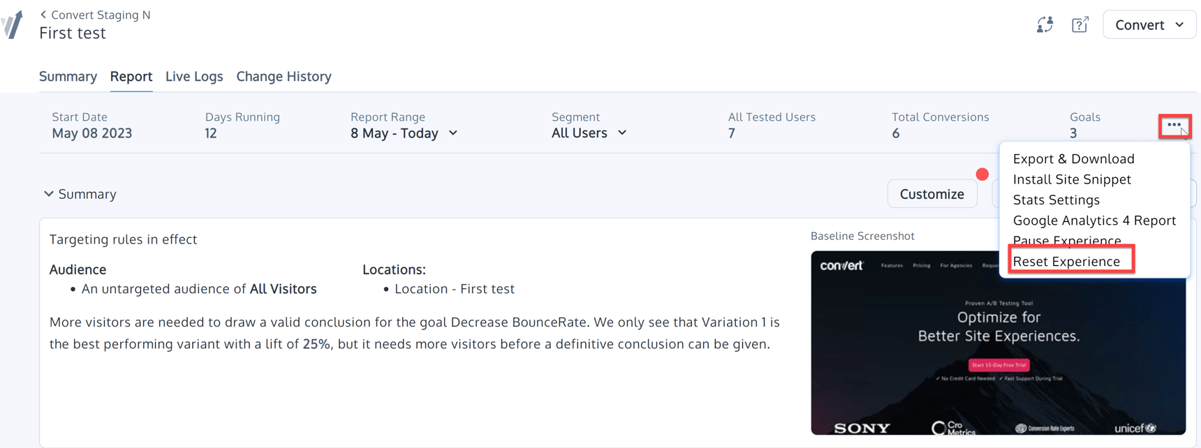 Reset Experiment Data