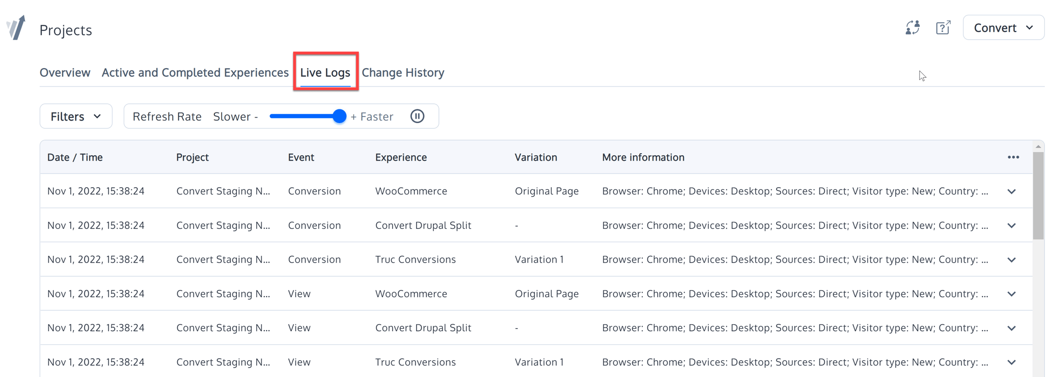Live Logs for Projects and Experiments in Convert