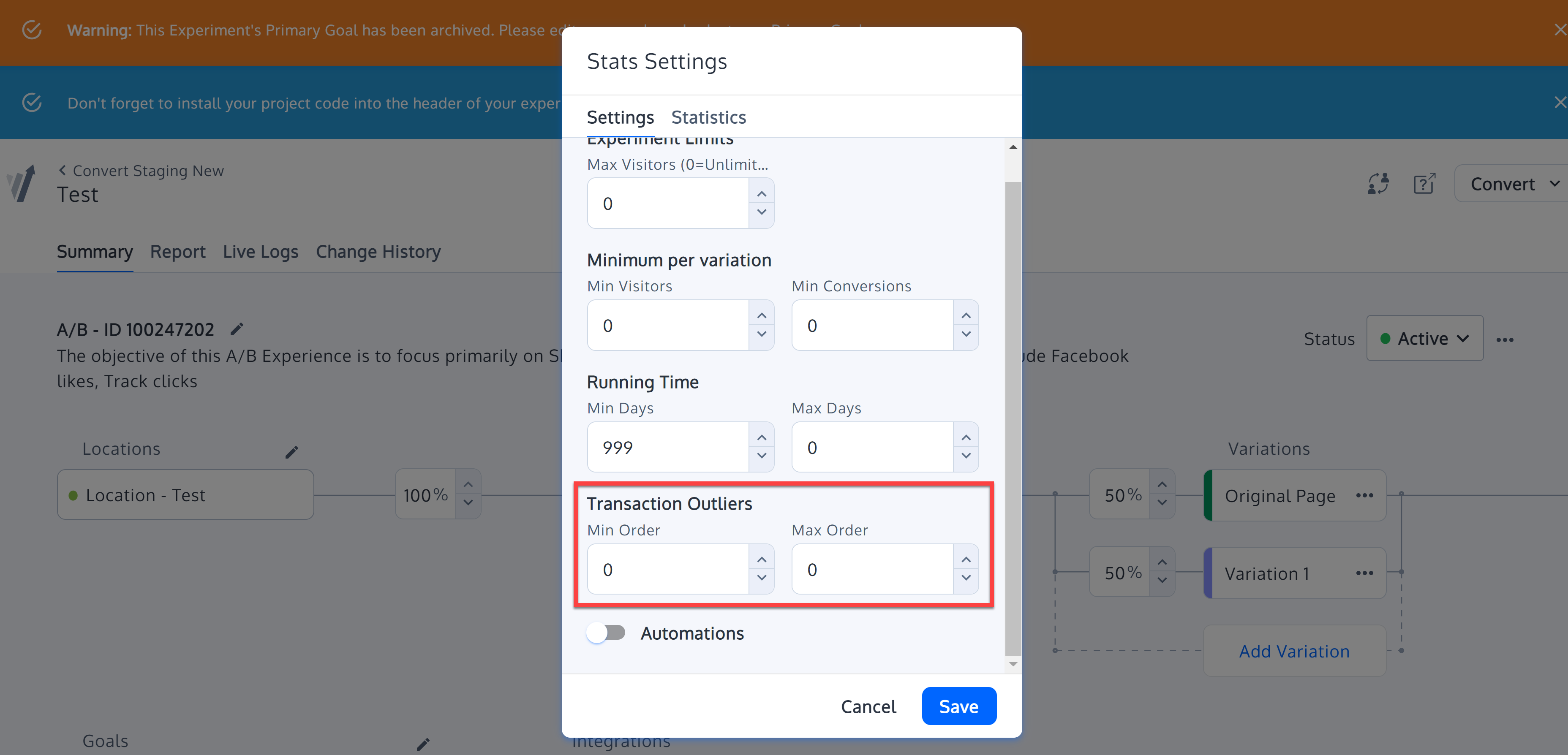 Setting limits for Order Outliers