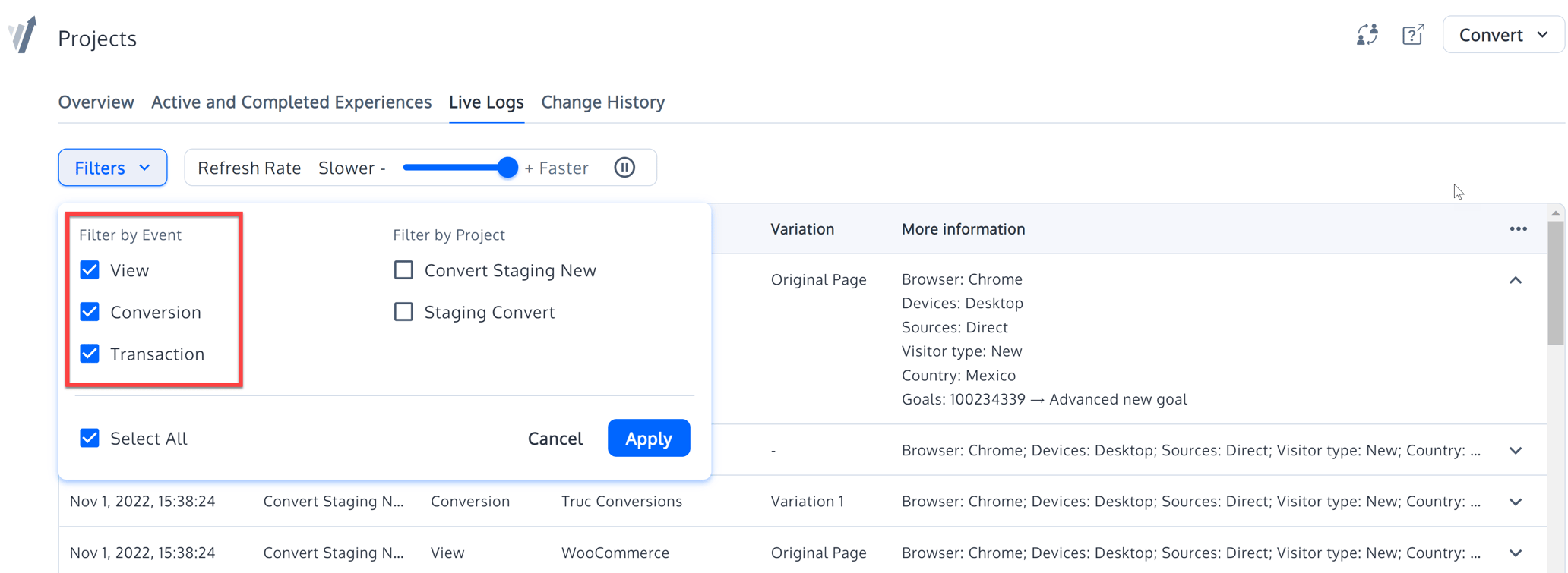 Live Logs for Projects and Experiments in Convert