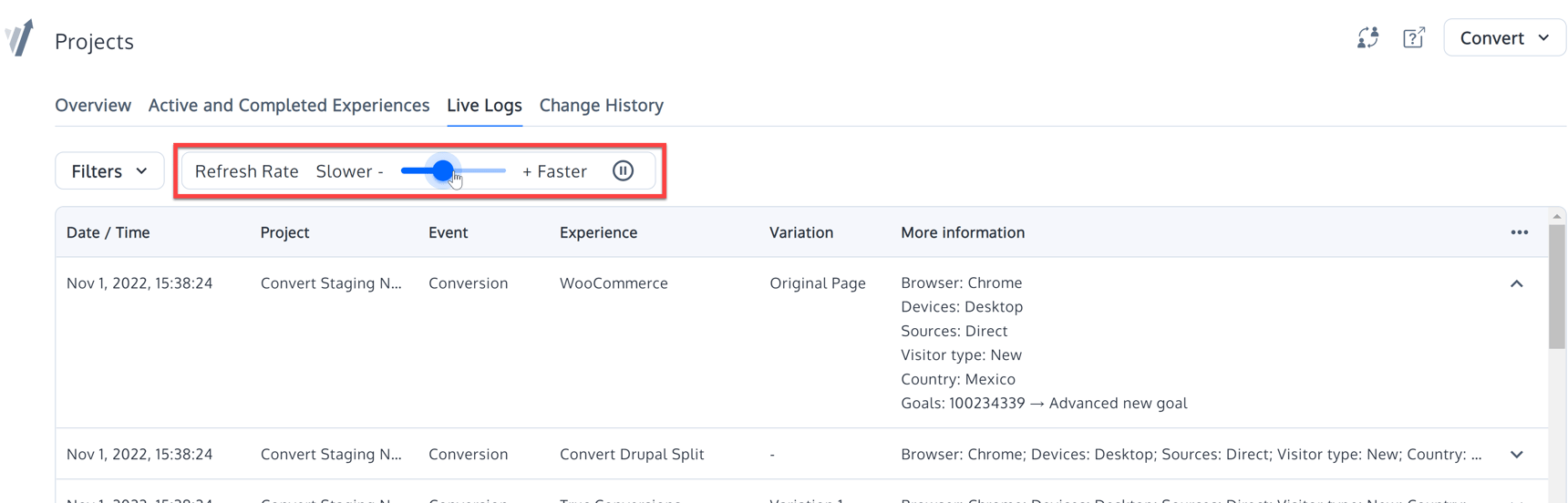 Live Logs for Projects and Experiments in Convert